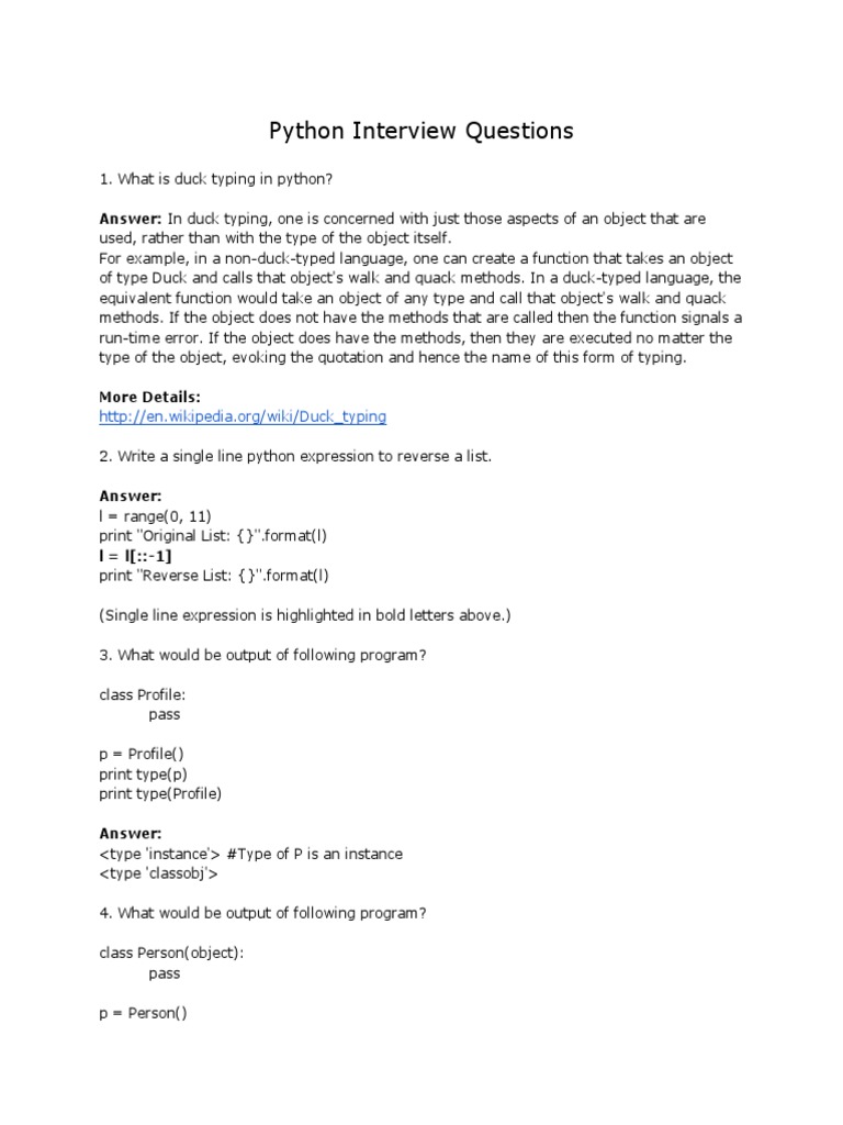 Python Interview Questions: Answer: in Duck Typing, One Is Concerned With Just Those Aspects of ...