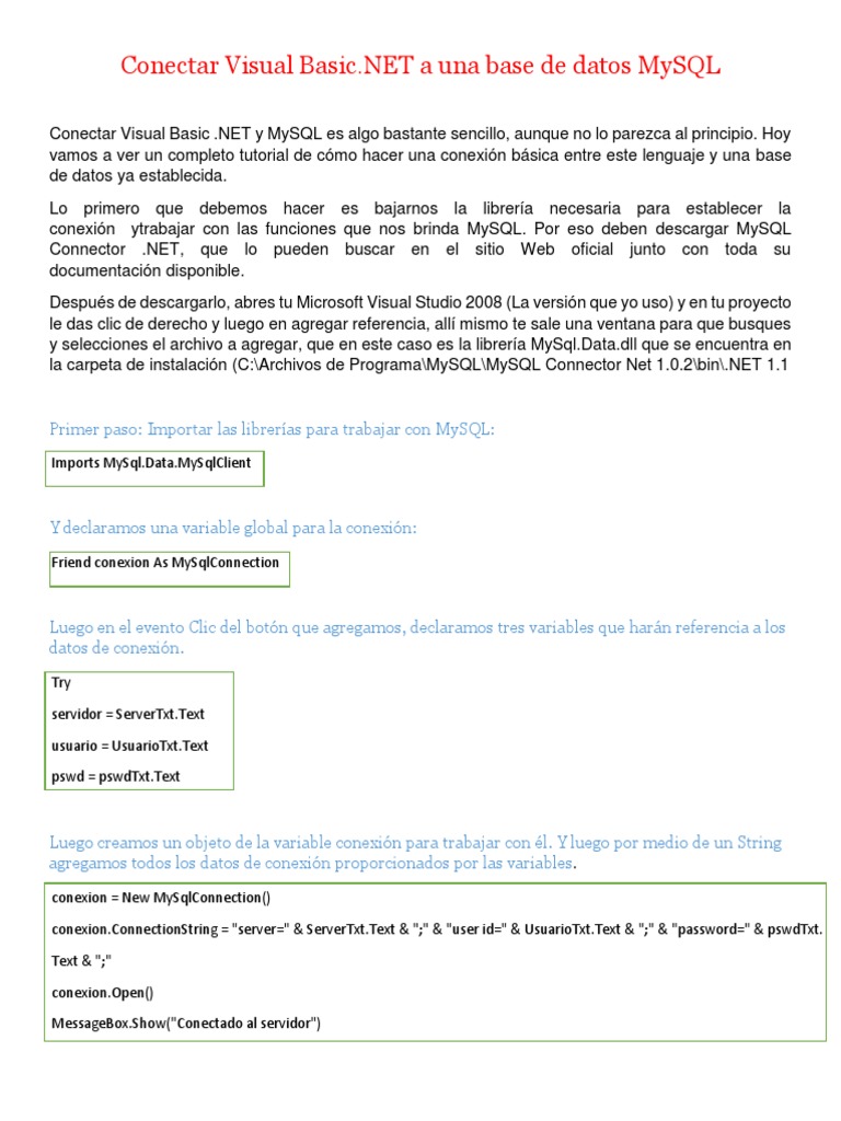 Conectar Visual Basic | Descargar gratis PDF | Básico | Mi sql