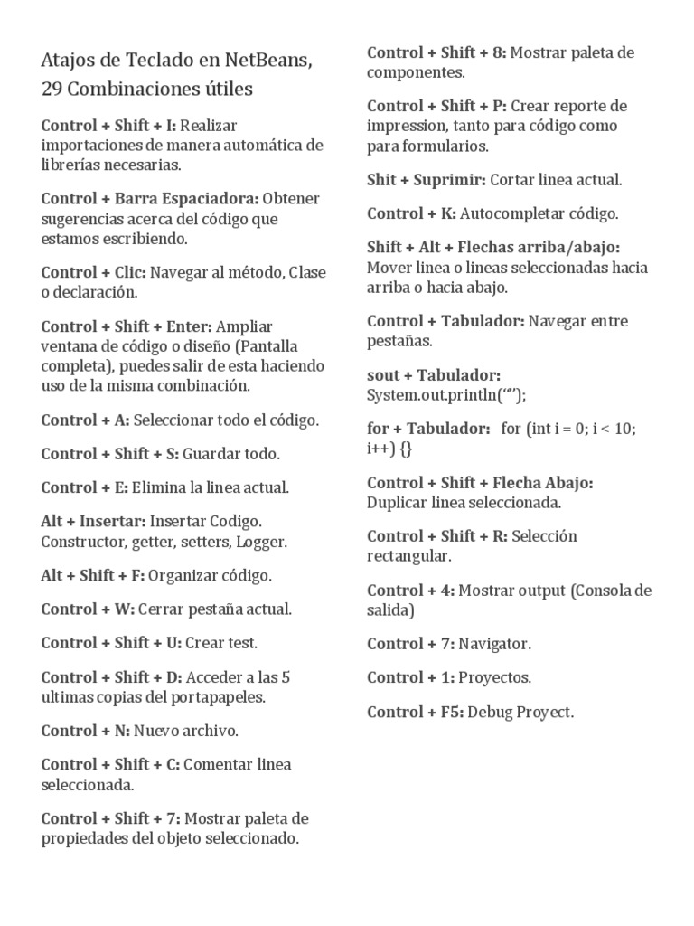 Atajos de Teclado en NetBeans | PDF
