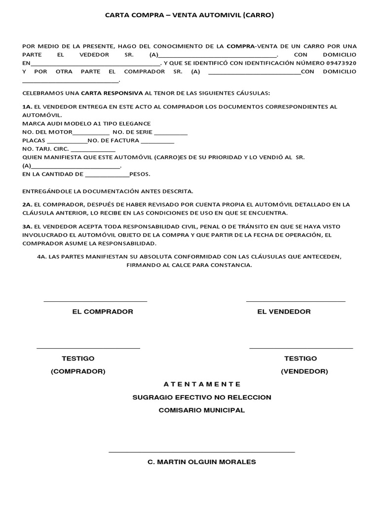 Carta Compra - Venta Automivil (Carro) | PDF