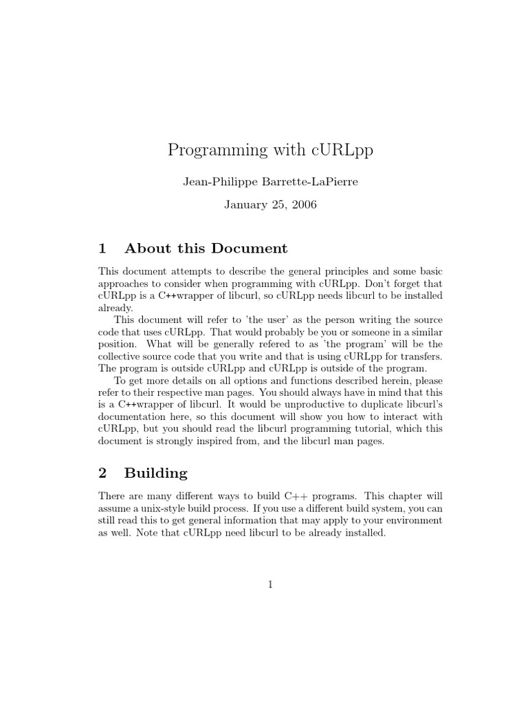 Programming With Curlpp: 1 About This Document | PDF | Library (Computing) | Computer Program