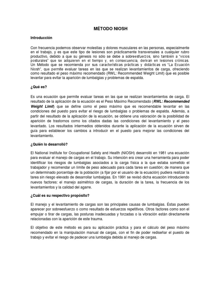 Método Niosh | PDF | Factores humanos y ergonomía | Bienestar