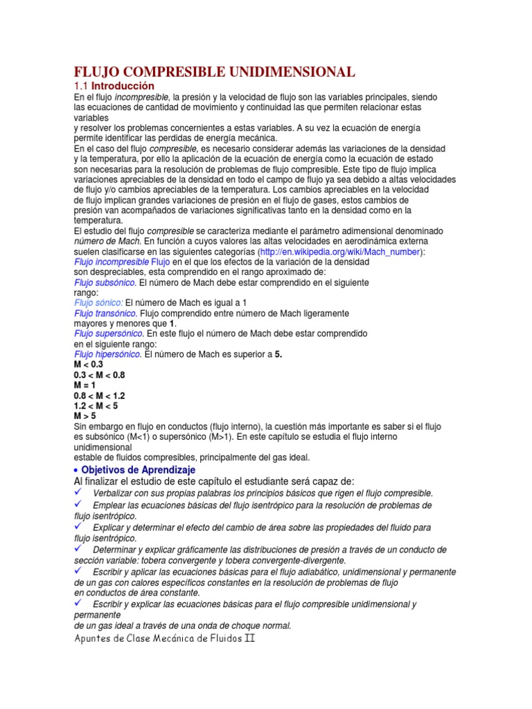 Flujo Compresible Unidimensional | PDF | Flujo compresible | Gases