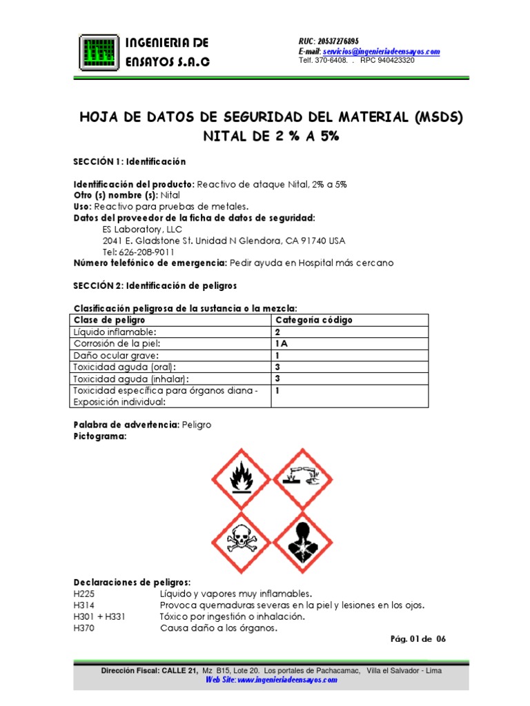 Hoja de Seguridad del Nital 2%-5% | PDF | Metanol | Agua