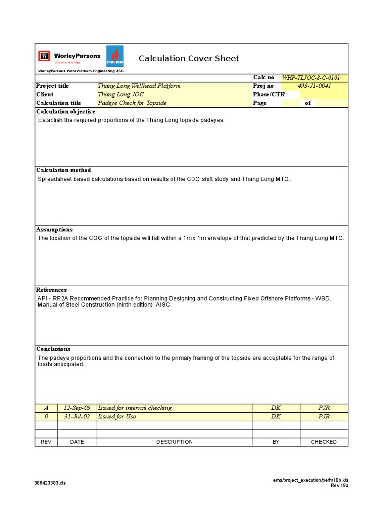 Calculation Cover Sheet: Thang Long Wellhead Platform 493-J1-0041 Thang ...