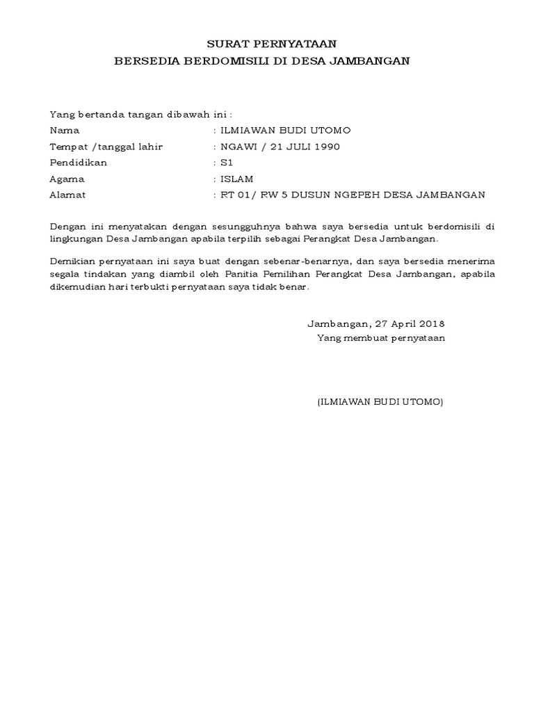 Contoh Surat Pernyataan Bersedia Berdomisili Di Kabupaten Bengkayang | PDF