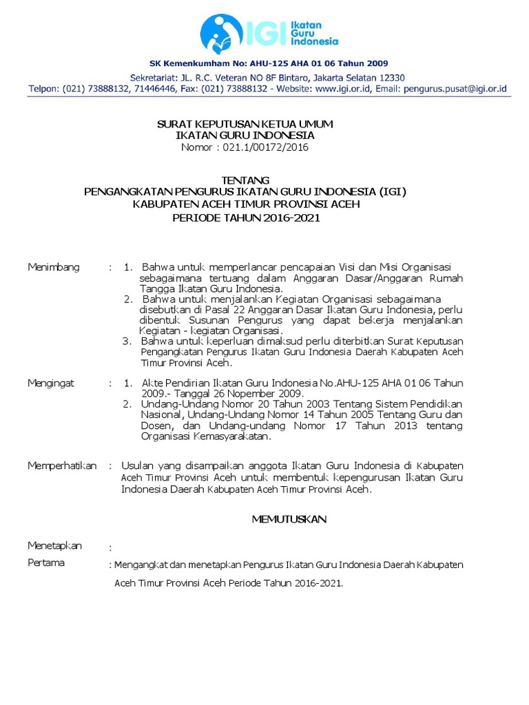 SK Pengurus IGI Kabupaten Aceh Timur | PDF