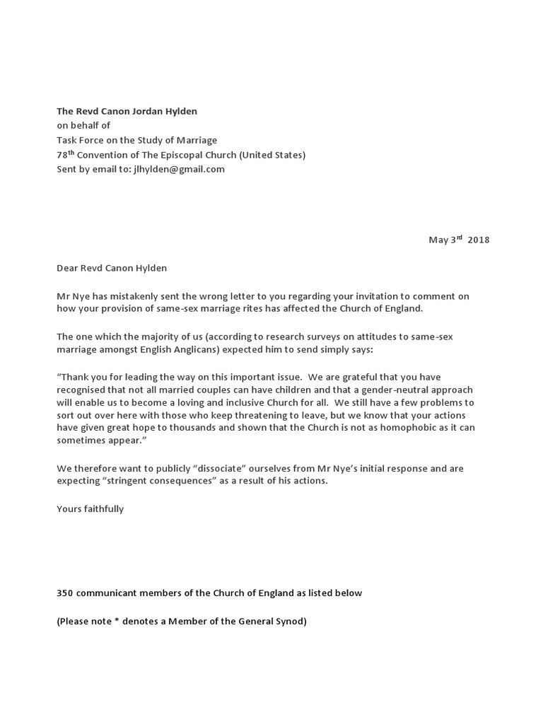 Letter to Task Force on the Study of Marriage | Church Of England ...