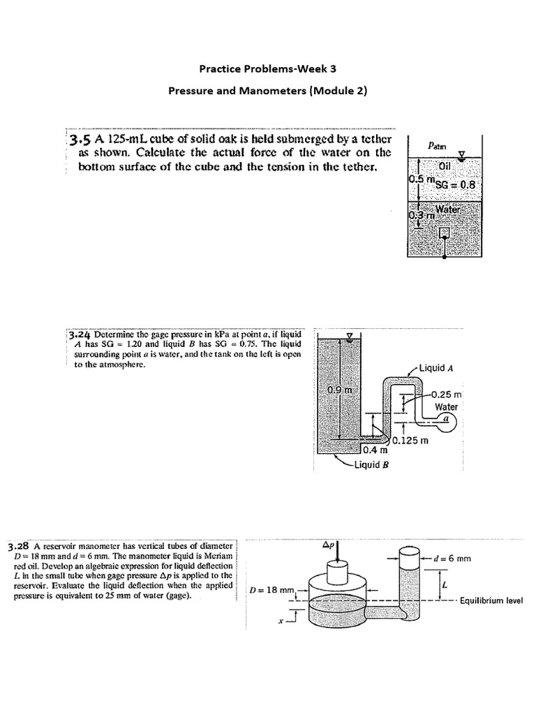 Practice Problems-Week 3 Pressure and Manometers (Module 2) | PDF