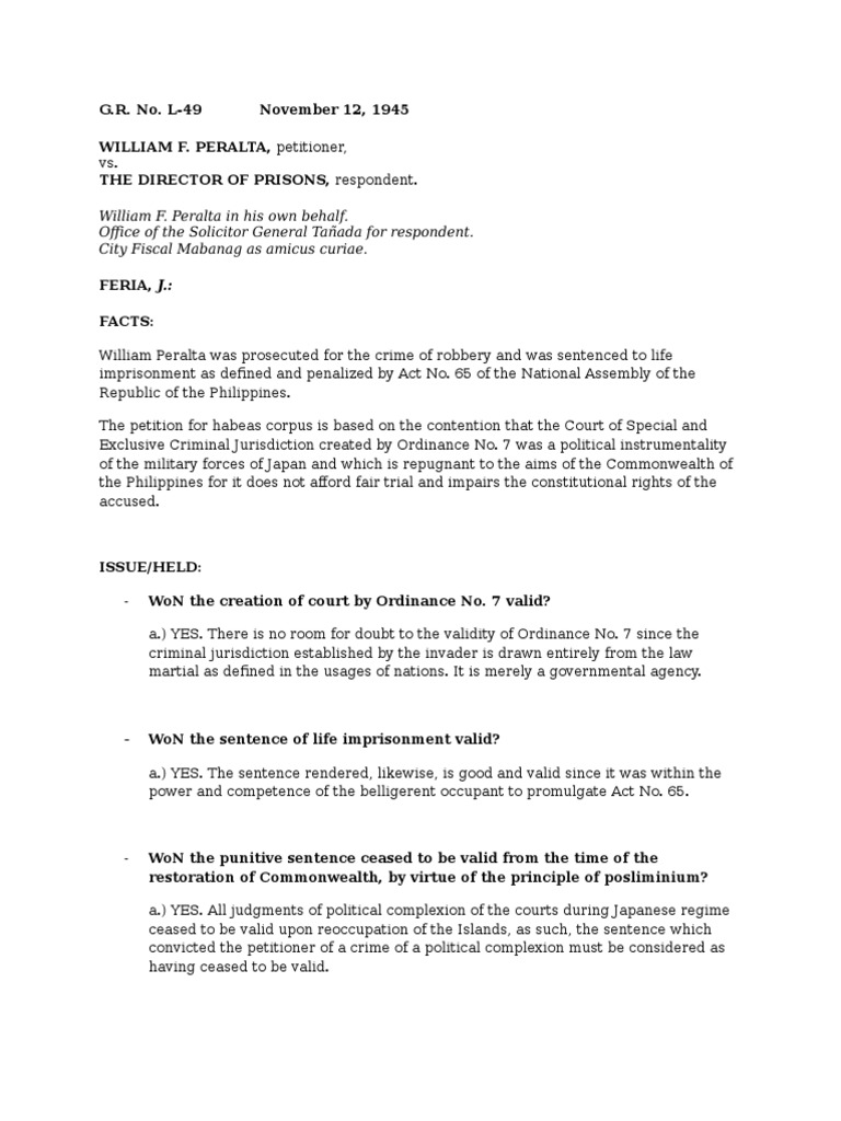 Case Digest - Peralta Vs Director of Prisons 75 PHIL 285 1945 | PDF