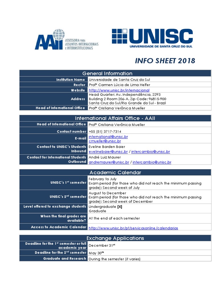 Info Sheet 2018: General Information | PDF | International Student ...