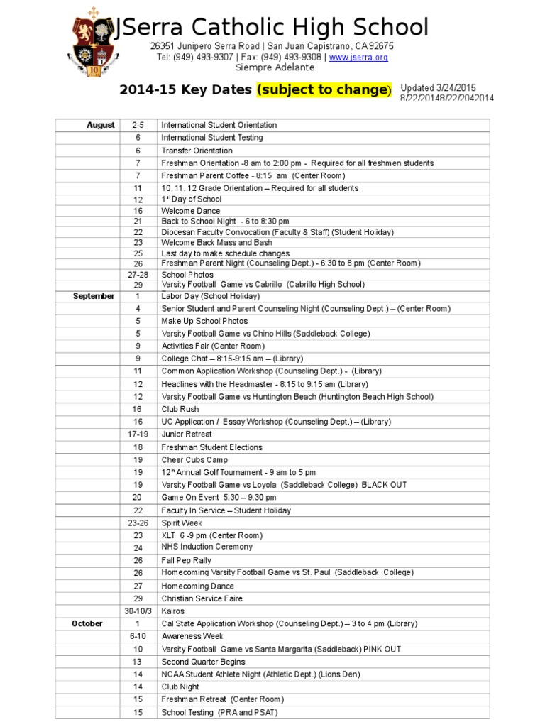 2014-15 Key Dates (Subject To Change) | PDF