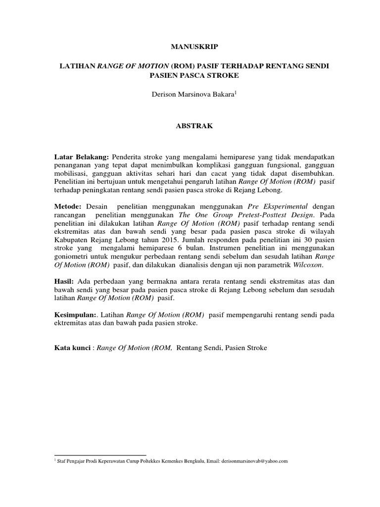 Of Motion (ROM) Pasif, Dan Dilakukan Dianalisis Dengan Uji Non ...