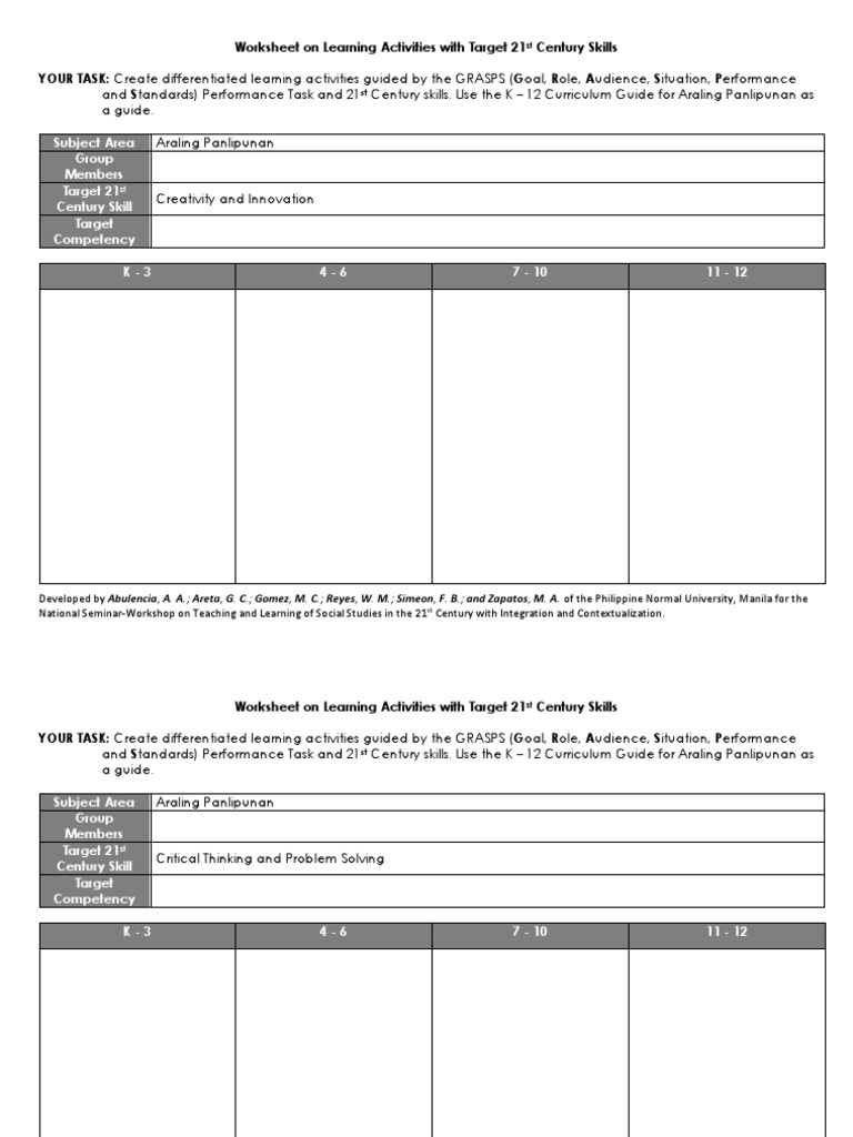 Worksheet On Learning Activities With Target 21st Century Skills | PDF ...