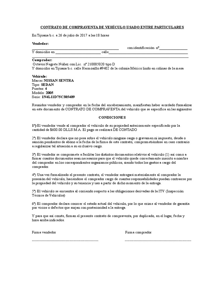 Contrato de Compraventa de Vehículo Usado Entre Particulares | Gobierno ...