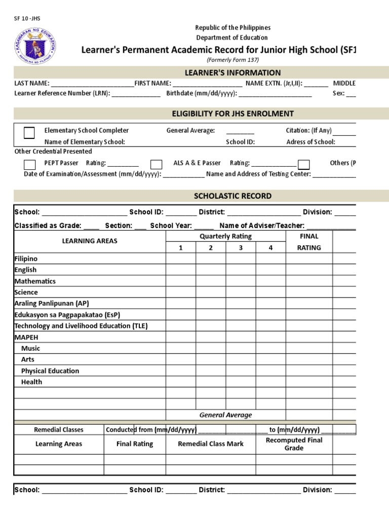 School Form 10 SF10 Learner's Permanent Academic Record For Junior High ...