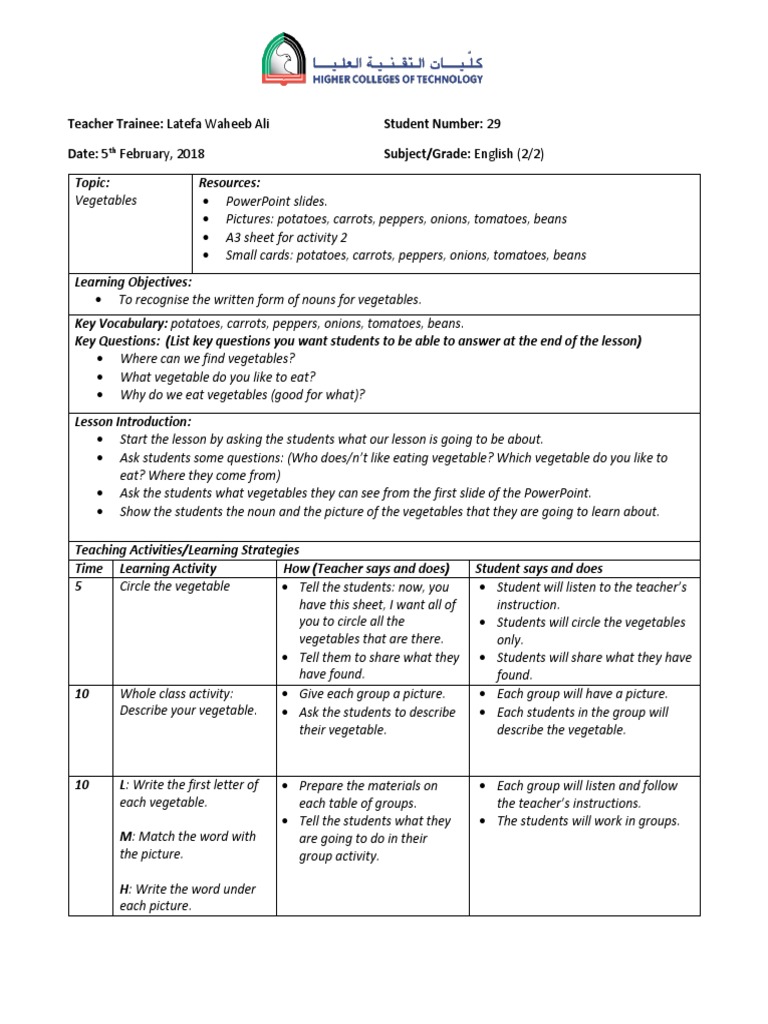 Lesson Plan 02 | PDF | Vegetables | Teachers