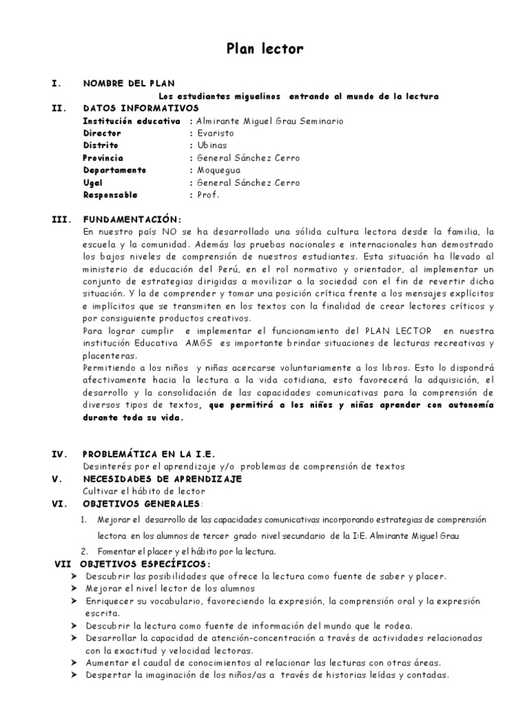 Proyecto Plan Lector | PDF | Aprendizaje