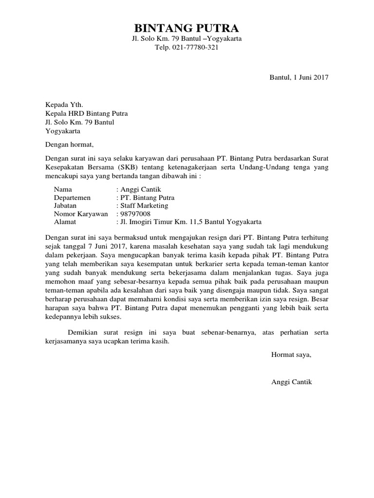 Contoh Surat Resign Kerja | PDF