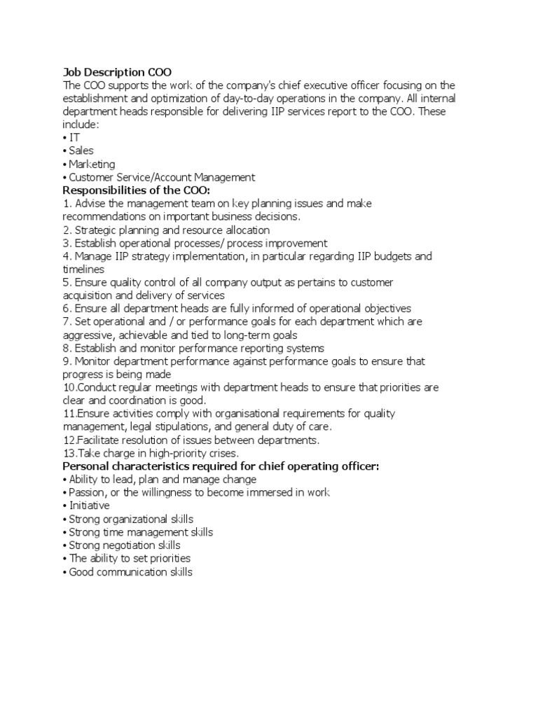 Job Description COO | PDF
