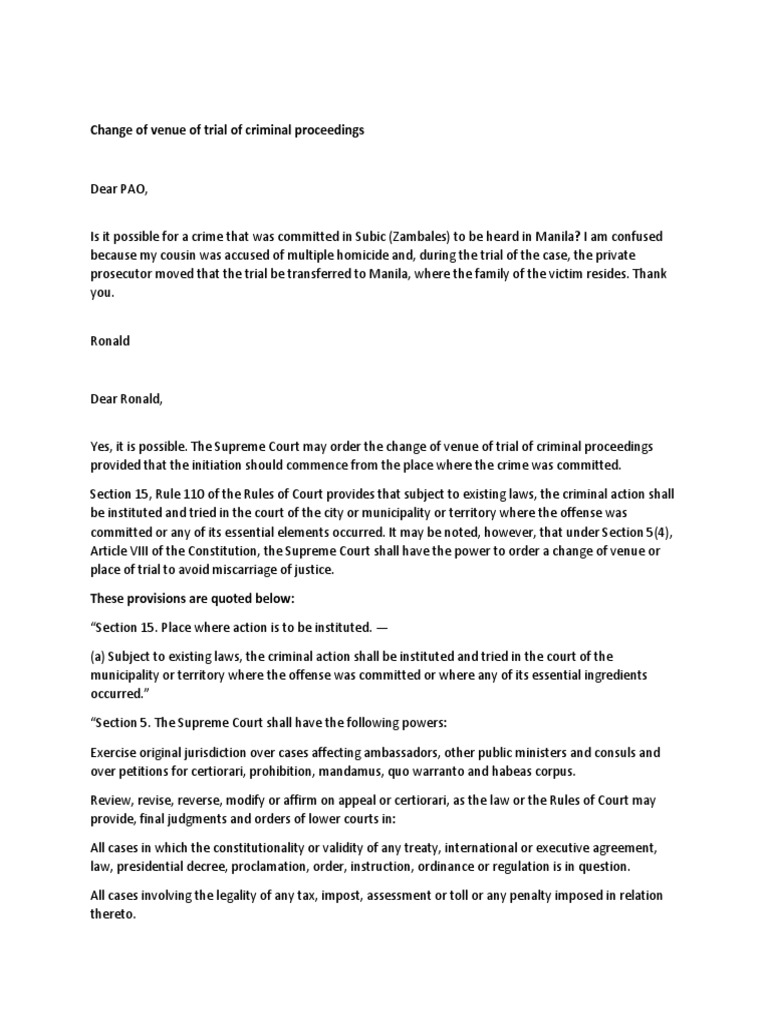 Change of Venue of Trial of Criminal Proceedings | PDF | Venue (Law ...