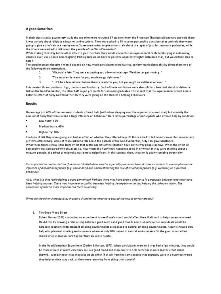 A Good Samaritan Darley and Batson 1973 | PDF | Neuroscience | Action ...
