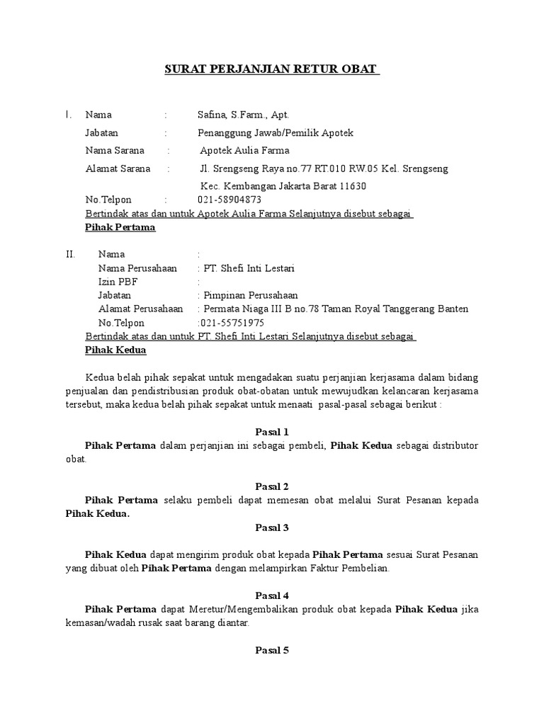Surat Perjanjian Retur Obat | PDF