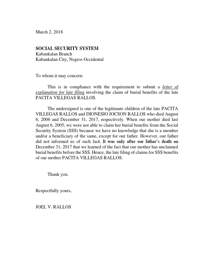 Social Security System: Explanation For Late Filing Involving The Claim ...