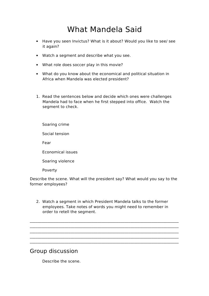 Invictus - Movie Activity 2 | PDF