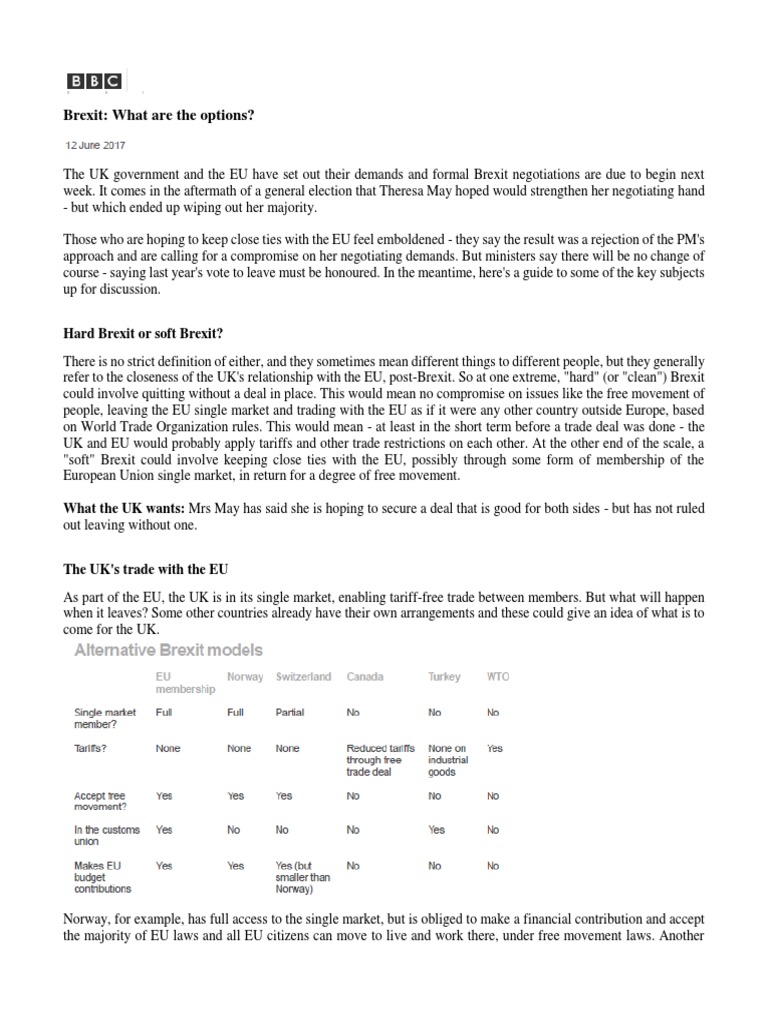Brexit Options: Hard vs. Soft Explained | PDF | Brexit | European ...