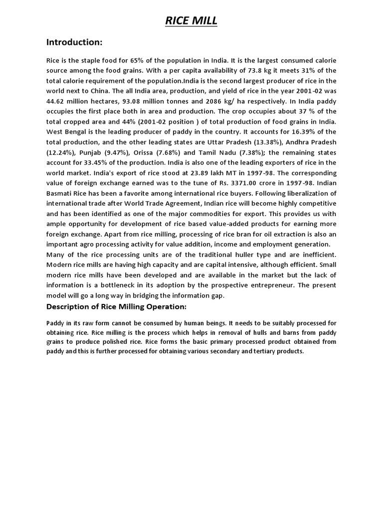 Rice Mill: Description of Rice Milling Operation | PDF | Rice | Business