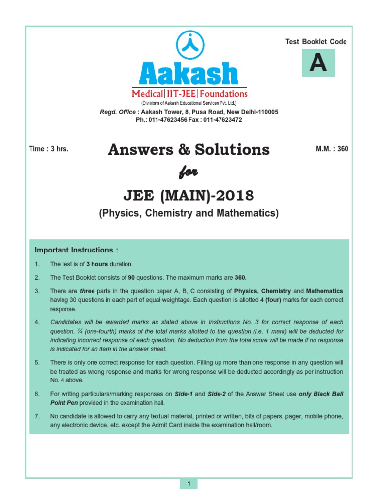 JEE Main 2018 Code A Solution by Aakash Institute | PDF | Acceleration ...