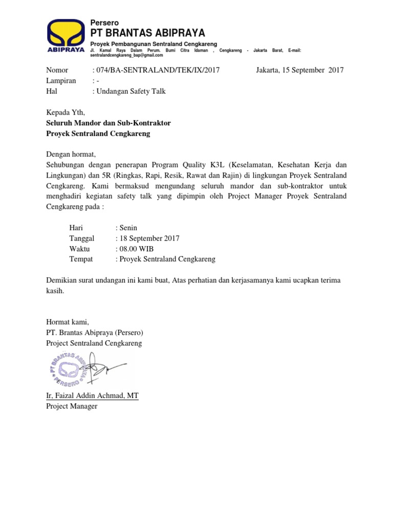 074 Undangan Safety Talk | PDF