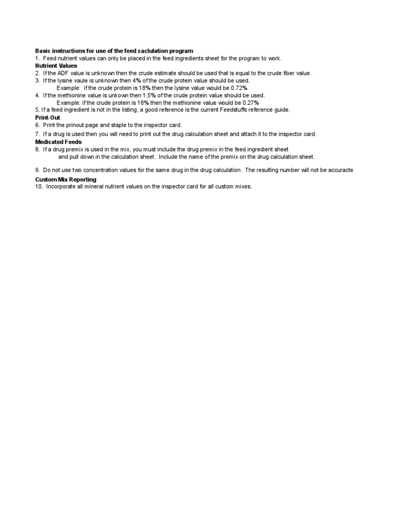 Feed Calculation Program Instructions | PDF | Animal Feed | Soybean