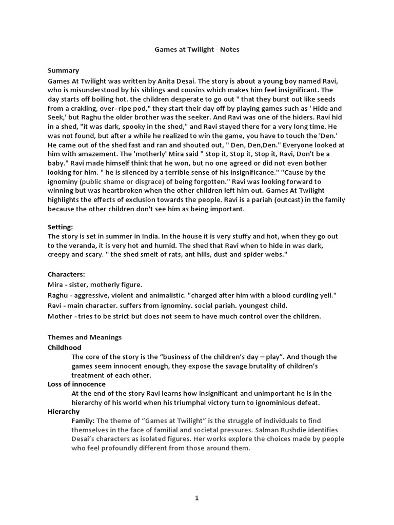 Games at Twilight - Notes | PDF | Narration | Mind