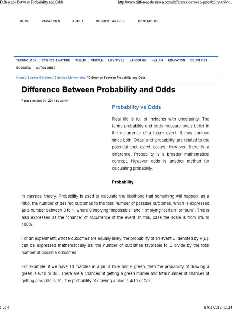 Probability Vs Odds | PDF | Odds | Probability