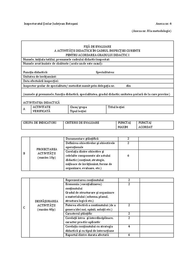 Fisa de Evaluare Inspectie Curenta Gradul I
