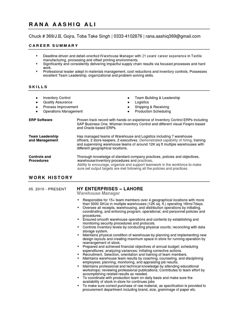 Rana Ashiq Ali - Warehouse Manager CV | PDF | Warehouse | Inventory