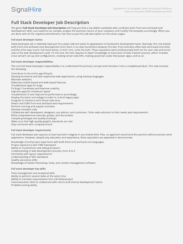 Full Stack Developer Job Description | PDF