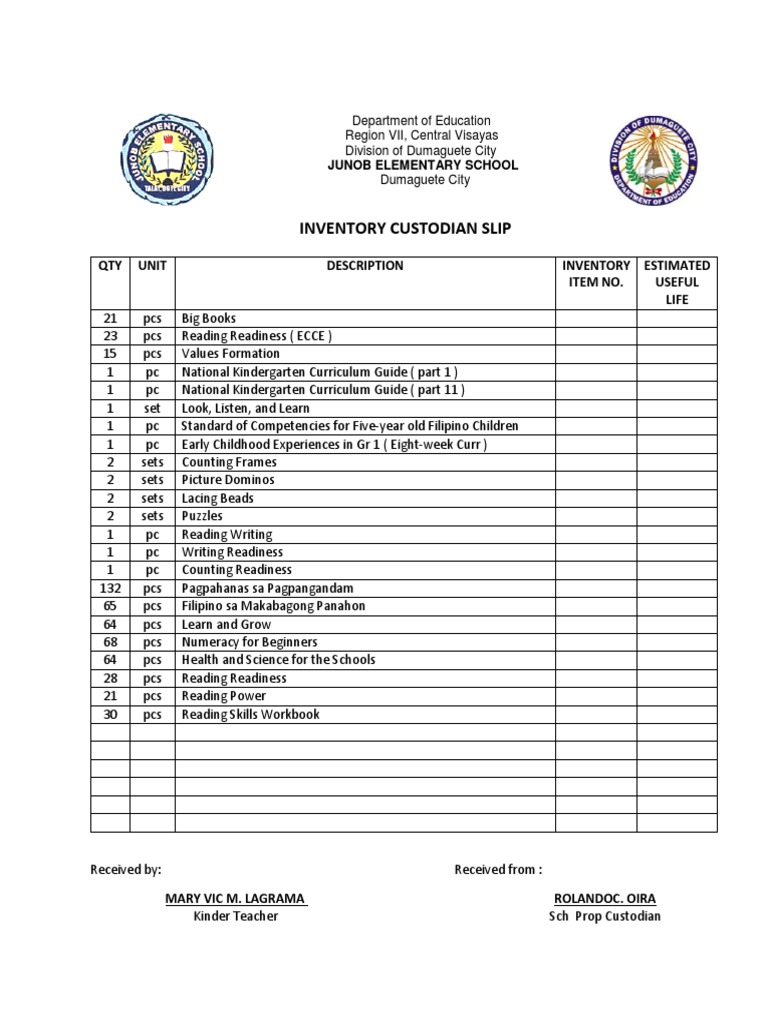 2017 Inventory Custodian Slip2 | PDF | Kindergarten | Quality Of Life