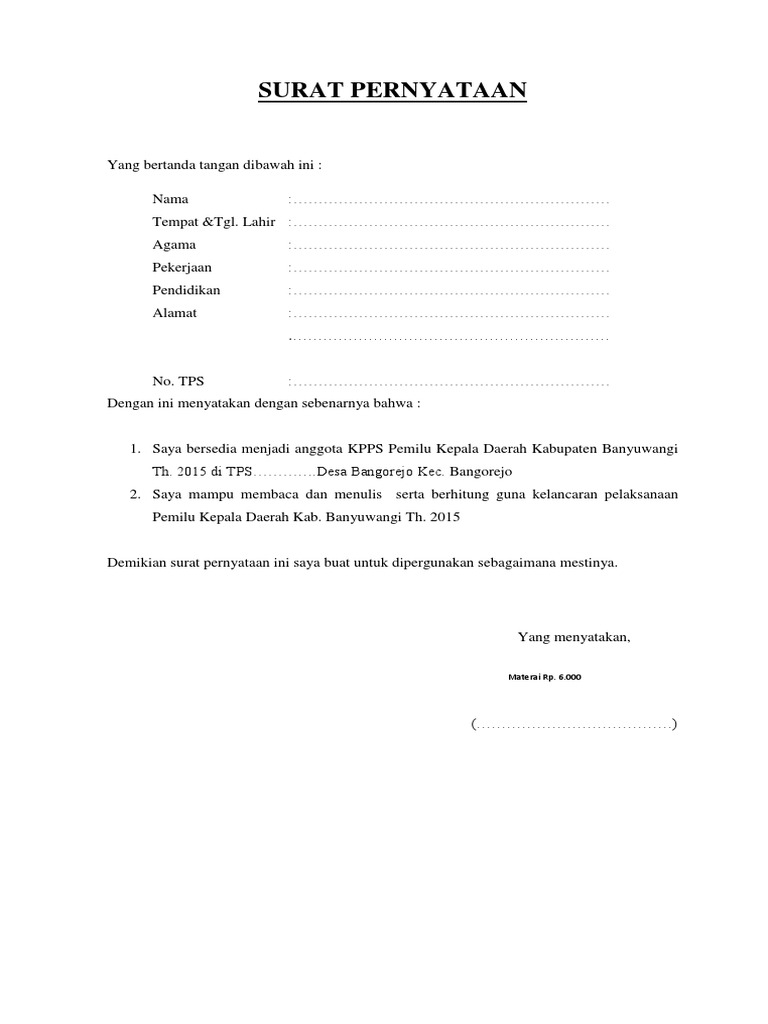Surat Pernyataan Baca Tulis Kpps | PDF