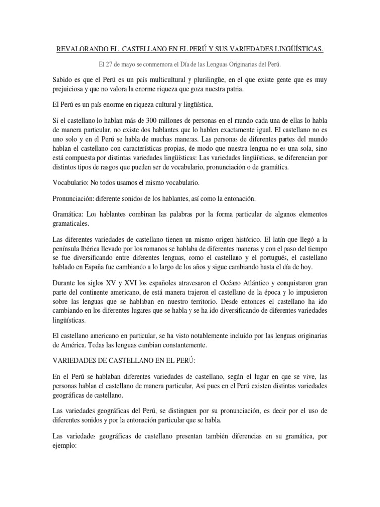 Variedades del Castellano en Perú | PDF | Lengua española | Lingüística