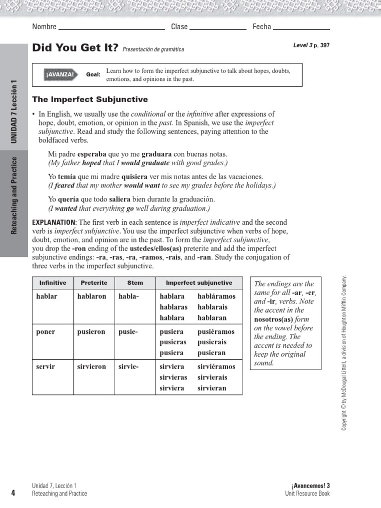 Resource Pages The Imperfect Subjunctive | PDF