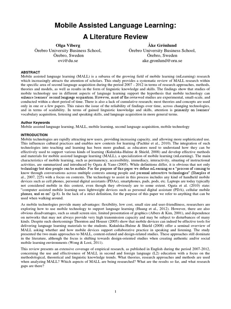 Mobile Assisted Language Learning: A Literature Review | PDF | Language ...