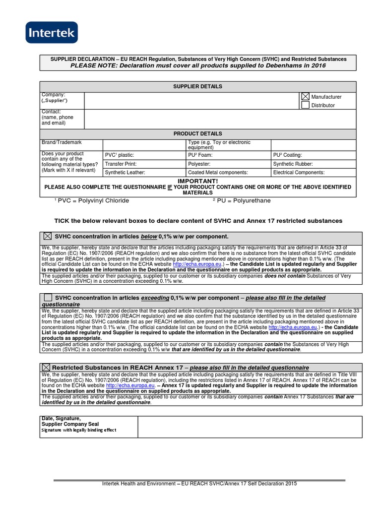 INTERTEK - EU REACH SVHC and Restricted Substances Self Declaration - Debenhams | PDF ...