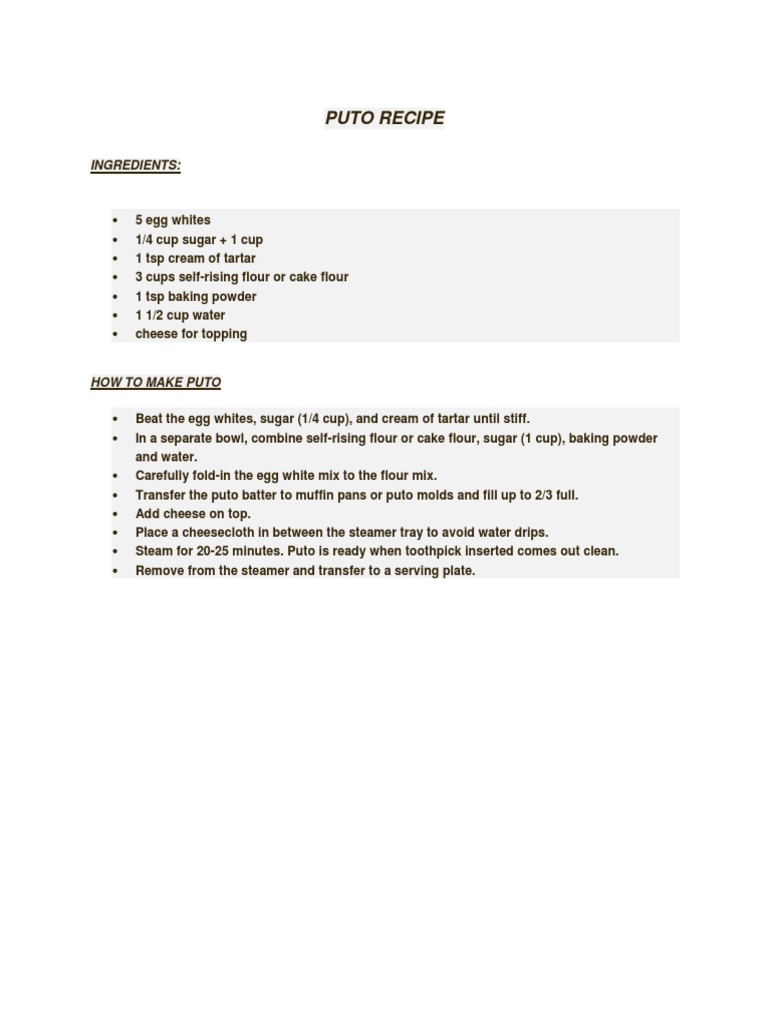 Puto Recipe: Ingredients | PDF