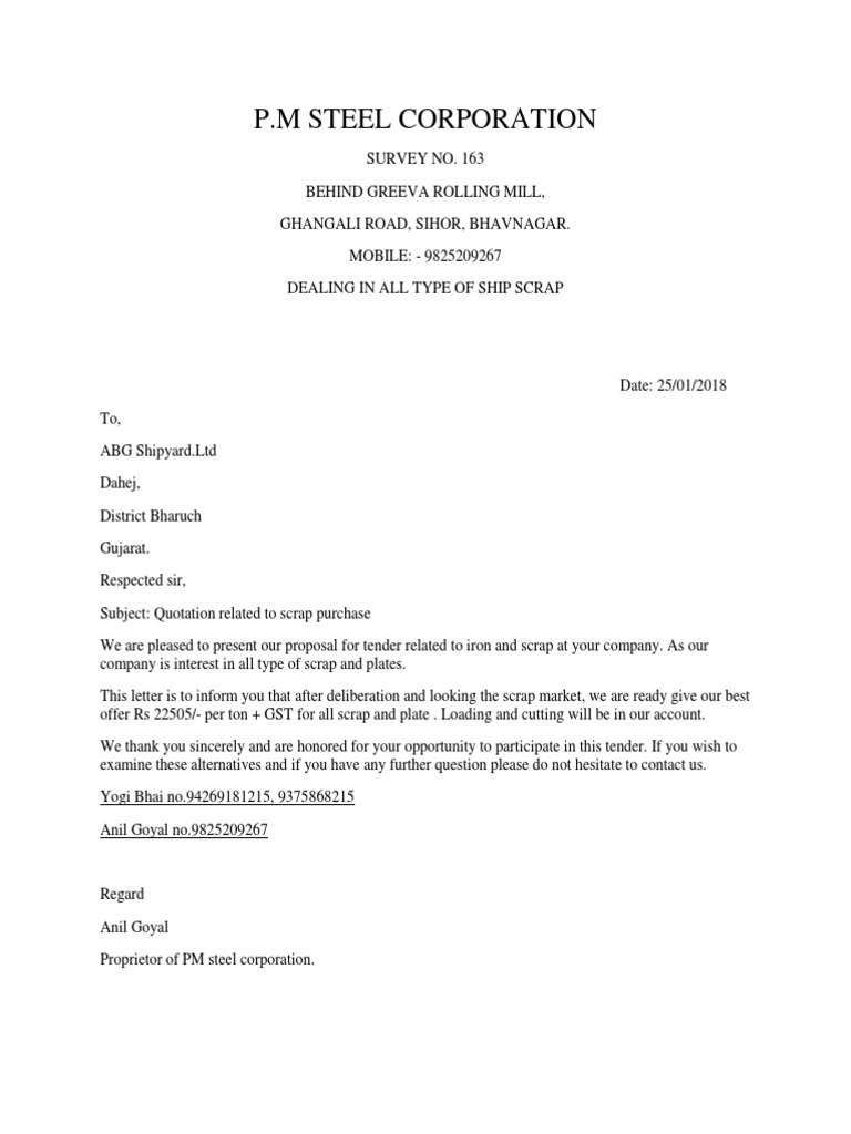 P.M Steel Corporation scrap quotation | PDF