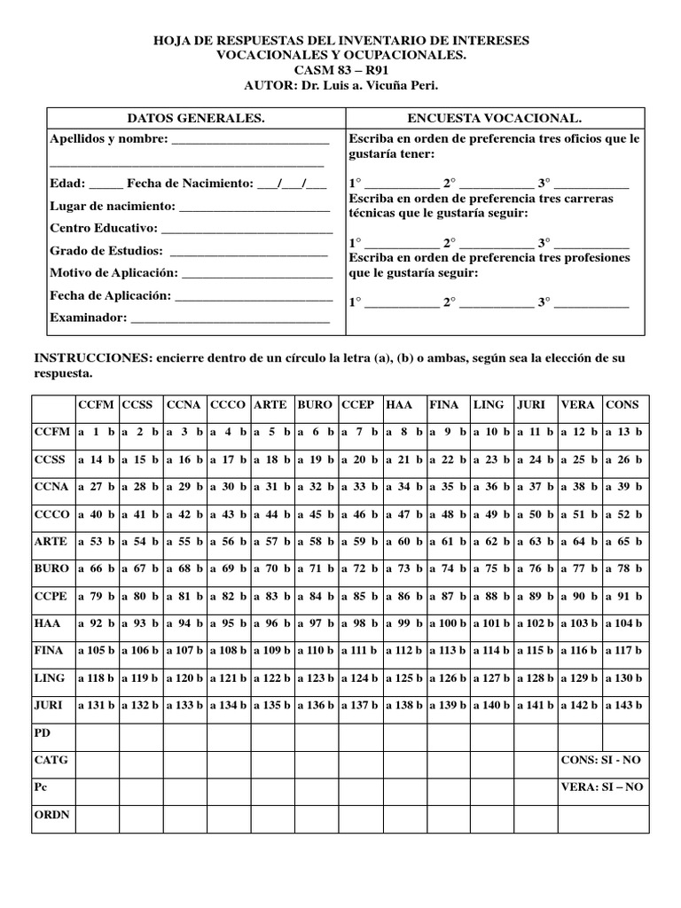 CASM 83 - HOJA DE RESPUESTA