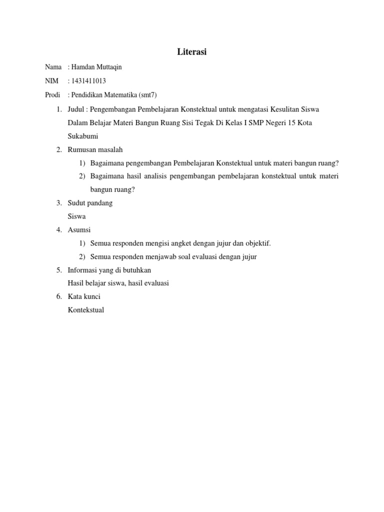 Literasi: Nama: Hamdan Muttaqin NIM: 1431411013 Prodi: Pendidikan Matematika (smt7) | PDF