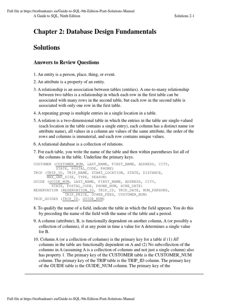 Guide To SQL 9th Edition Pratt Solutions Manual | PDF | Table (Database ...